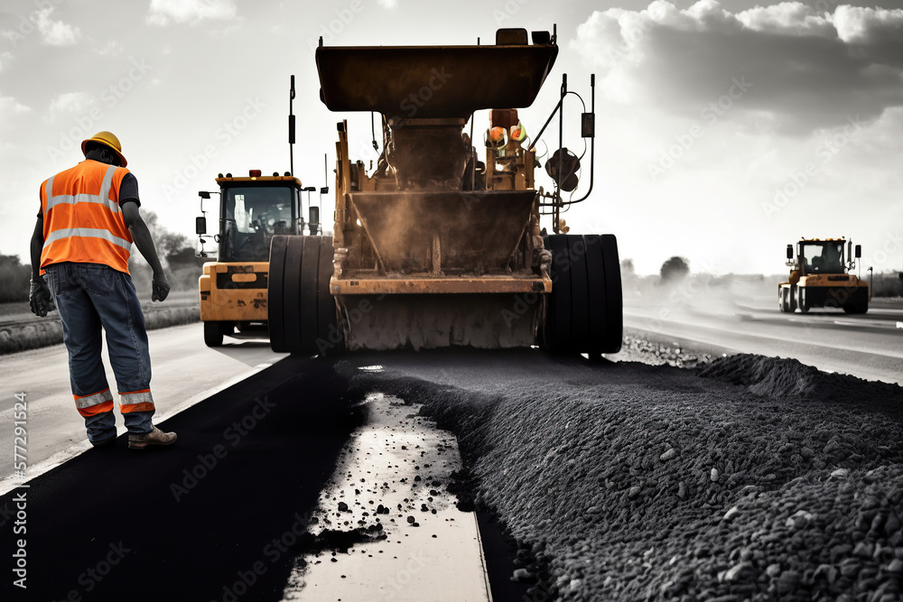 Asphalt paving new highway road, construction gravel base created by ...