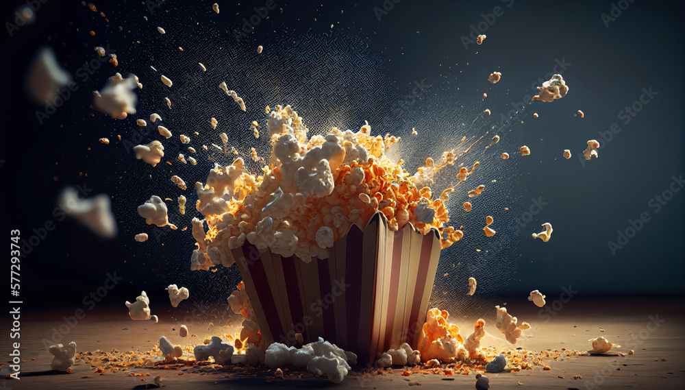 Popcorn explosion in the box. Cinema and movie snack illustration ...