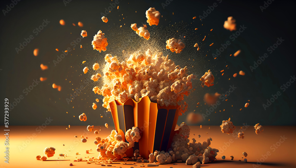 Popcorn explosion in the box. Cinema and movie snack illustration ...