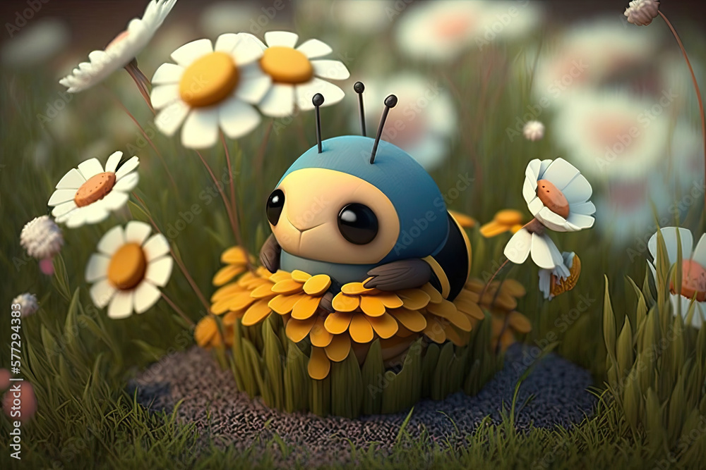 Cute 3d Cartoon Bee in a Field of Flowers, generative AI Stock ...
