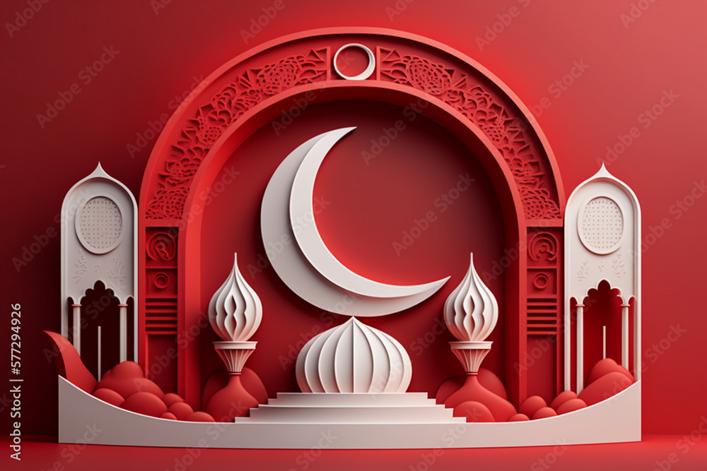The cherry red and off-white monotone design of the 3D modern Islamic ...