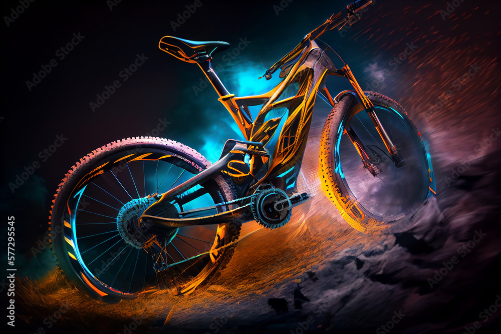 Futuristic Mountain bike at high speed at night with motion blur ...