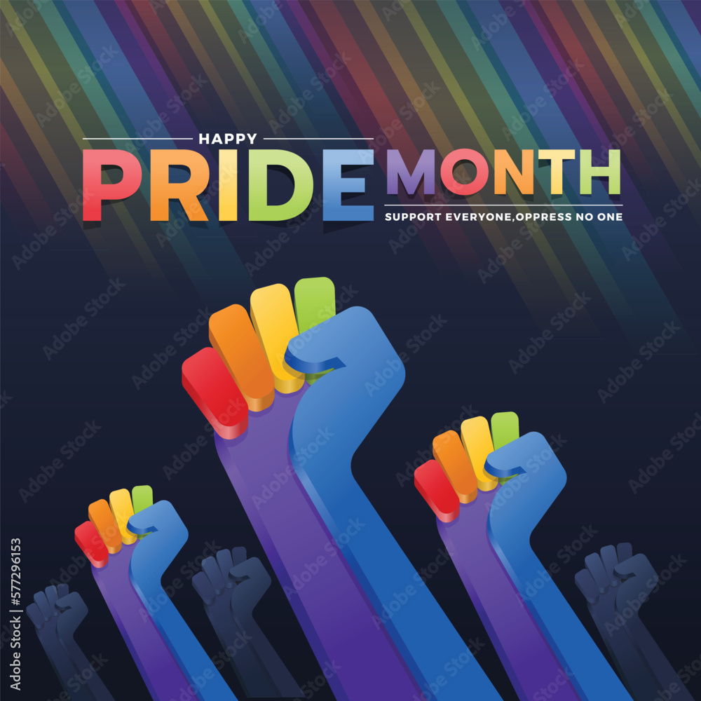 Happy pride month - Raised hands symbol with rainbow color 3d block for ...