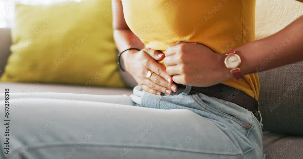 Period, pain and hands of black woman on stomach holding belly for ...