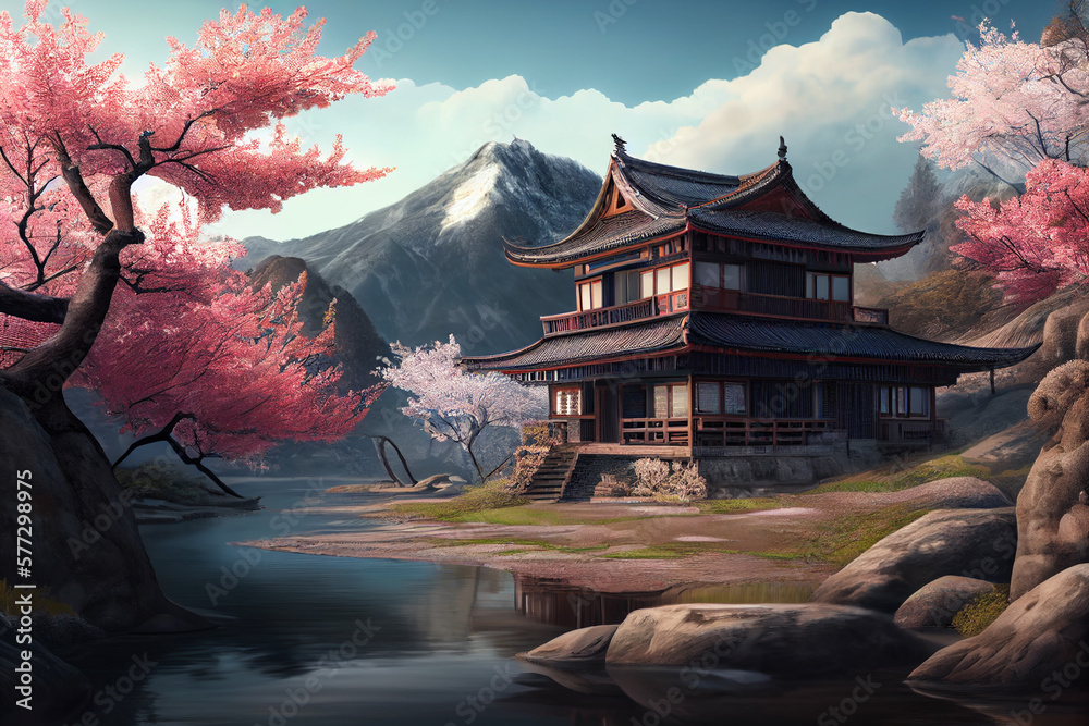 Oriental landscape with japanese traditional building close to river ...