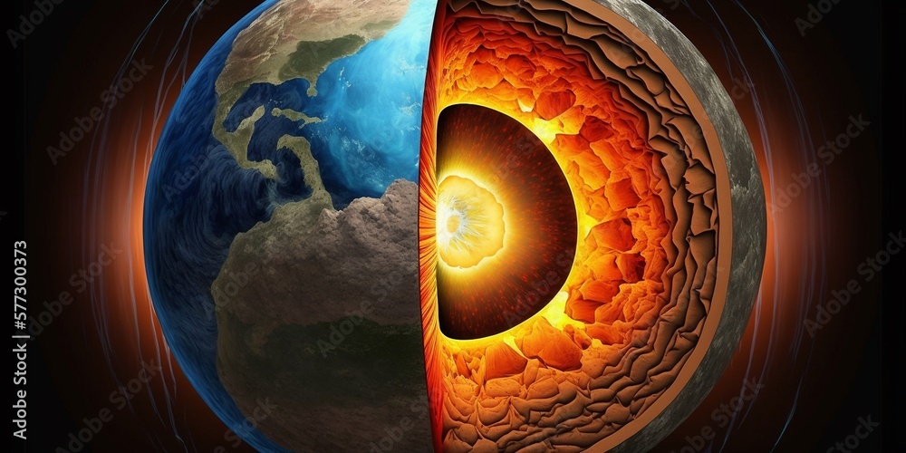 Planet Erde im Querschnitt mit Einblick zu den verschiedenen Schichten ...