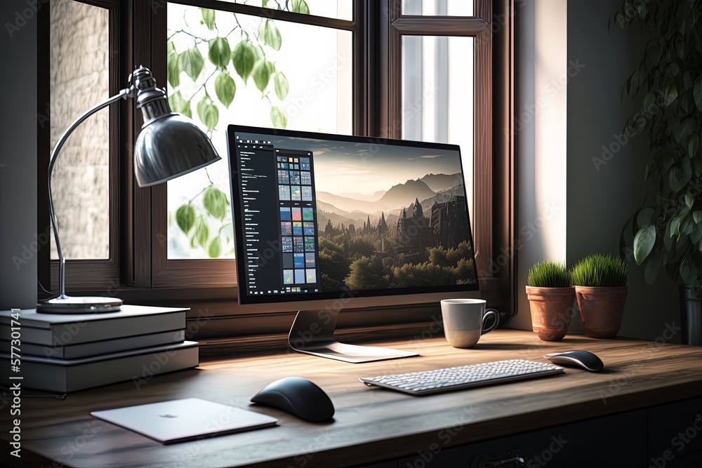 workplace Desk with computer at window in office at home in apartment ...