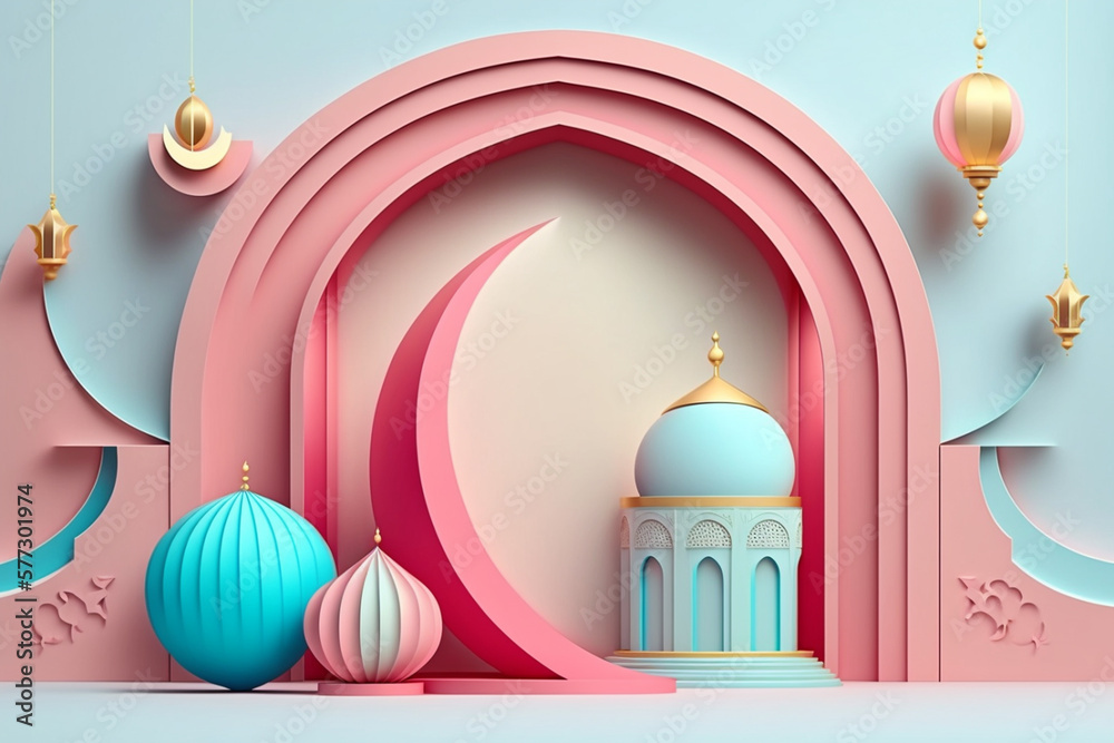 3D modern Islamic holiday banner features an Eid Mubarak message in a ...