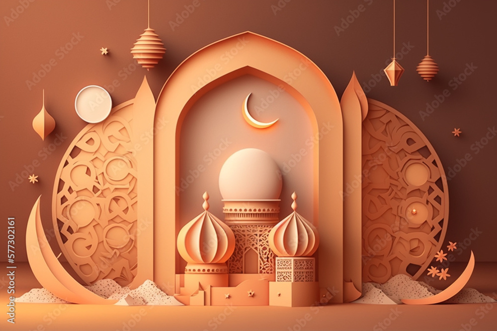 3D modern Islamic holiday banner features a Peach & burnt orange ...