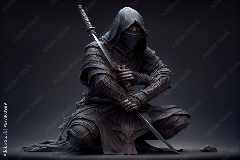 Ninja kneeling posing with a sword Generative AI technology. Stock ...