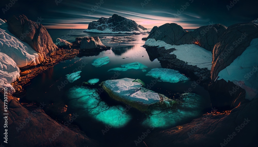 Moody Rocky Coast with Polar Lights Reflecting on the Water Stock ...