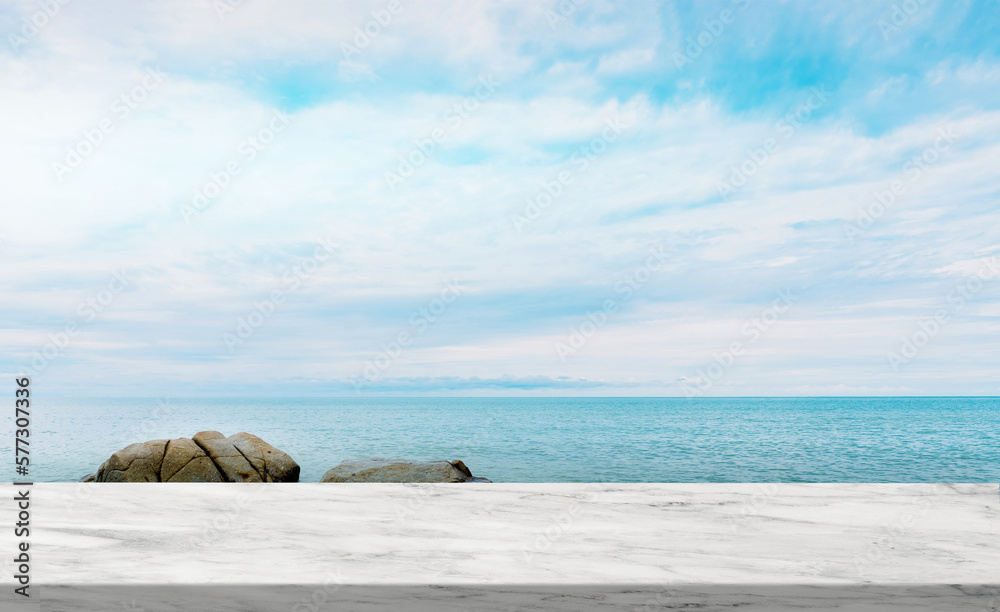 Marble texture table top over Sea Beach Ocean with Cloud and Blue Sky ...