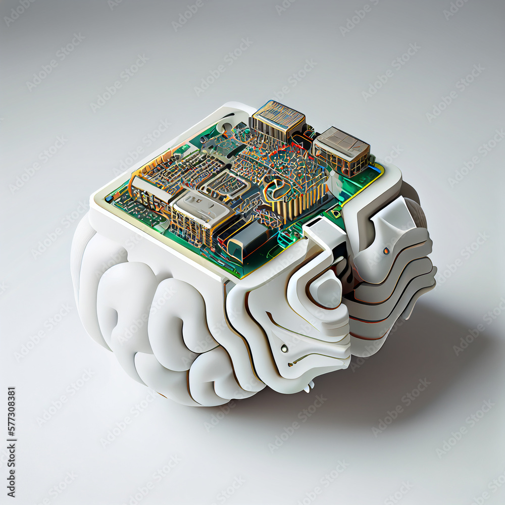 Concept of artificial intelligence. Human brain connected to electronic ...