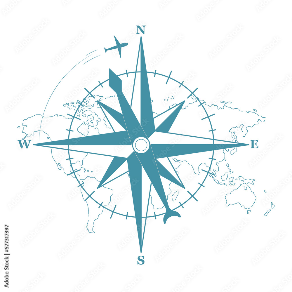 Sign of compass with silhouette of plane. Illustration on transparent ...