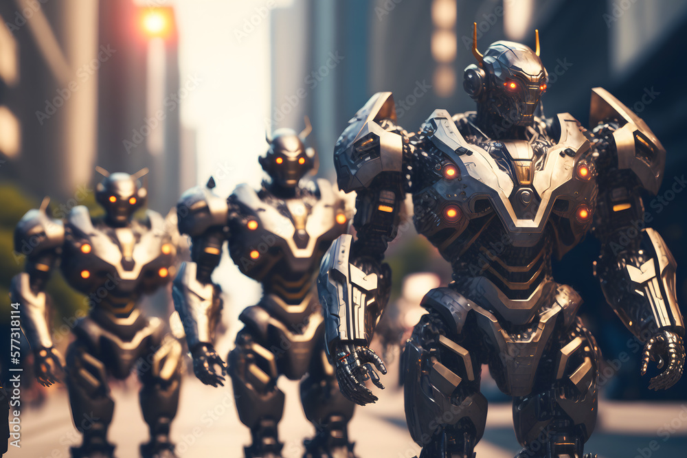 Many modern futuristic male humanoid robots with metal outfit. Neural ...