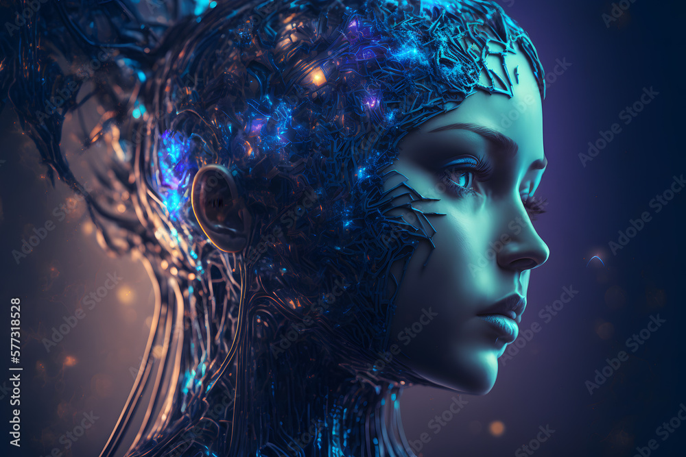 Modern futuristic female humanoid robot portrait with technology ...