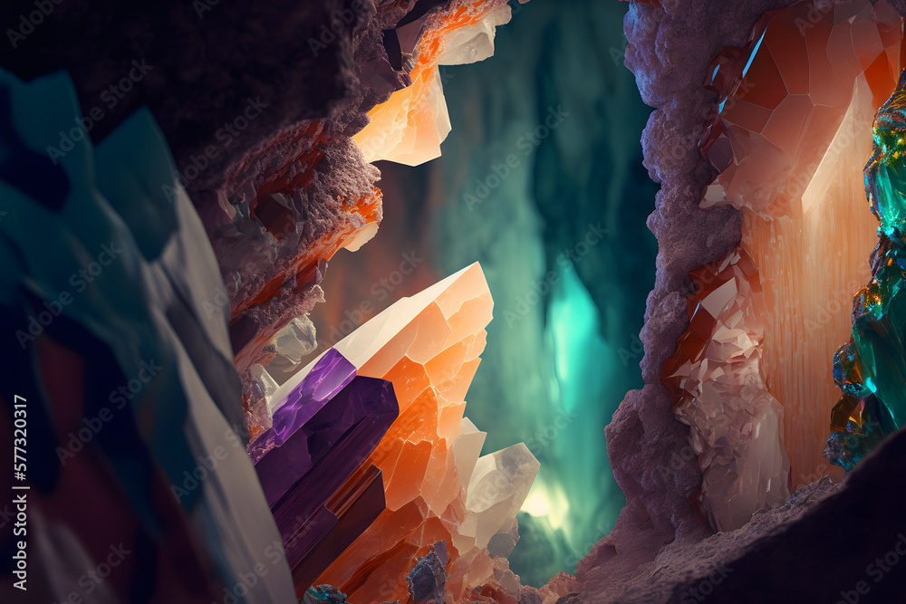 Beautiful wild crystal stalactites and stalagmites in cave. Neural ...