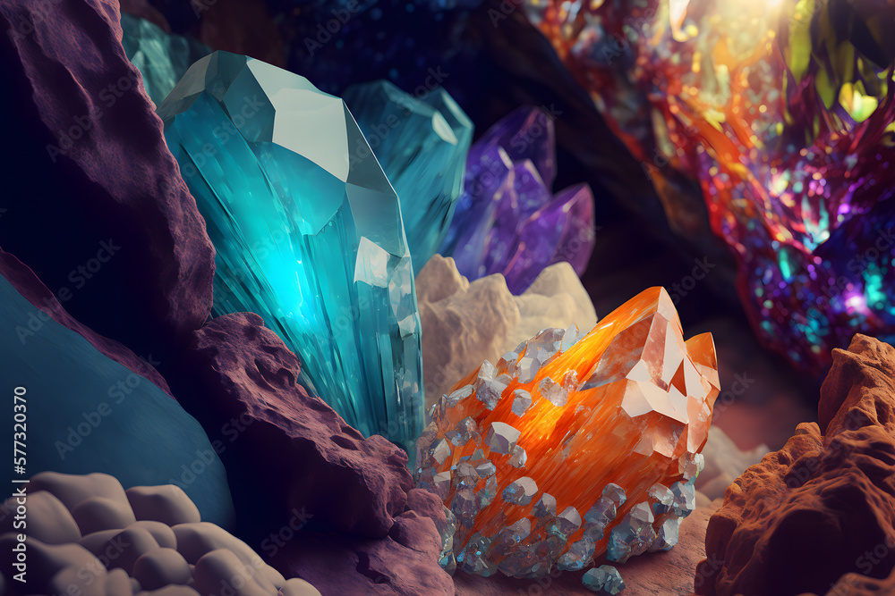 Beautiful wild crystal stalactites and stalagmites in cave. Neural ...