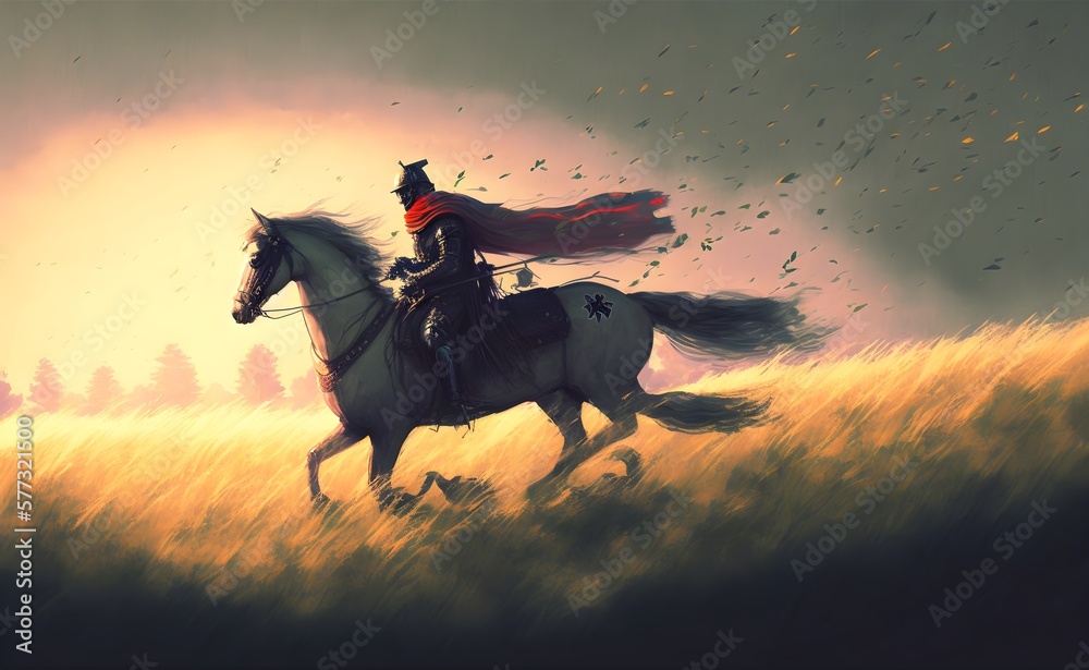 knight riding a horse running in the meadow, digital art style ...
