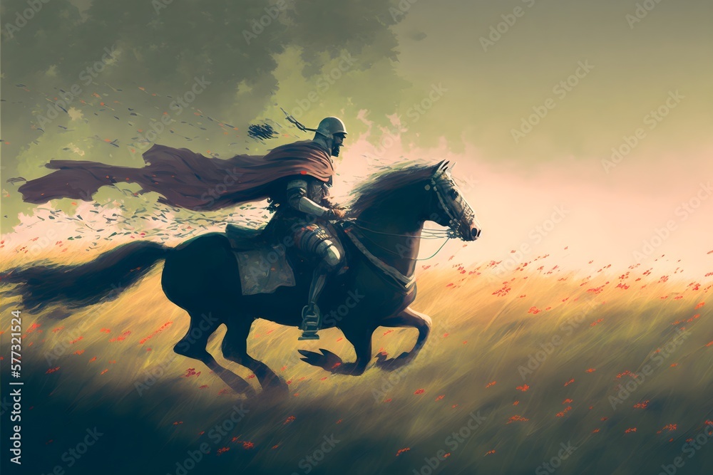 knight riding a horse running in the meadow, digital art style ...