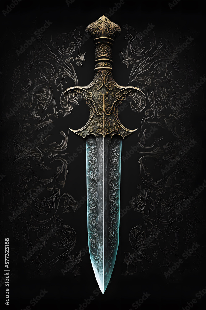 Medieval sword and scabbard. Fantasy golden sword with long blade ...