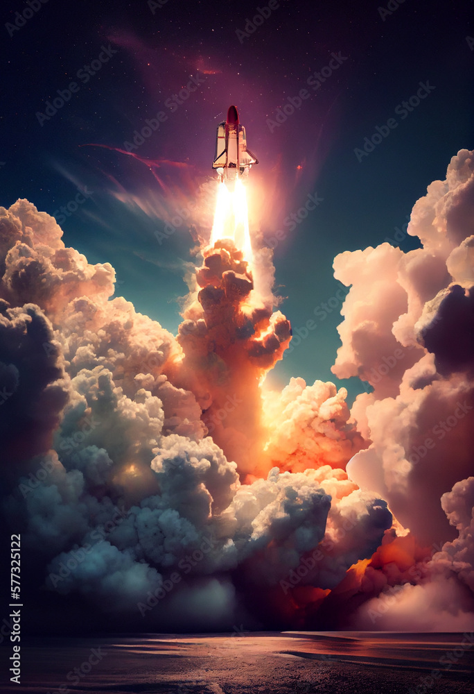 Massive smoke from space shuttle launching to space, generative art ...