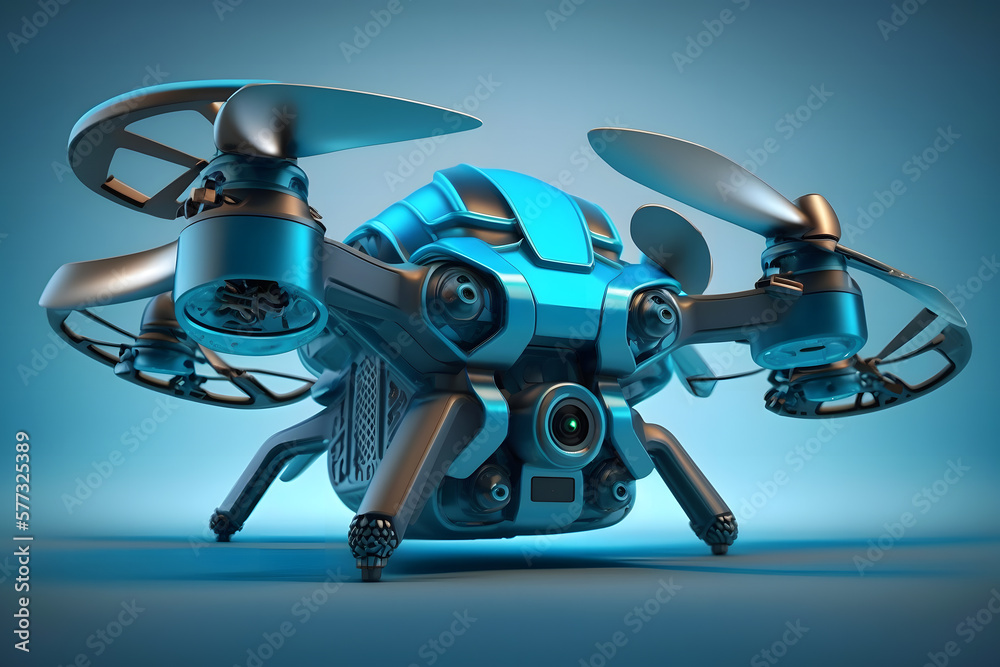 Realistic quadrocopter drone with propeller fans on glowing blue ...