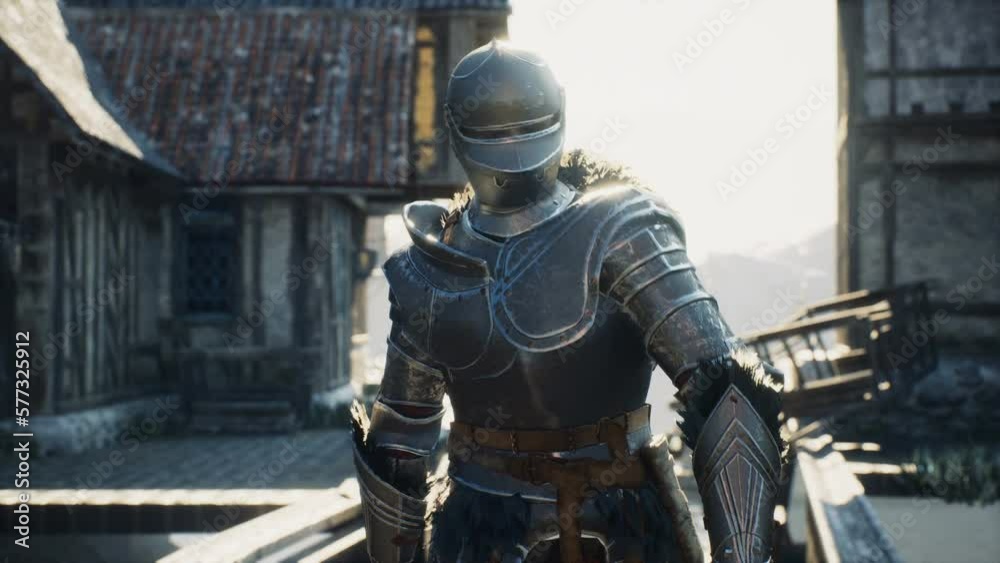 Medieval formidable knight against the background of medieval houses ...