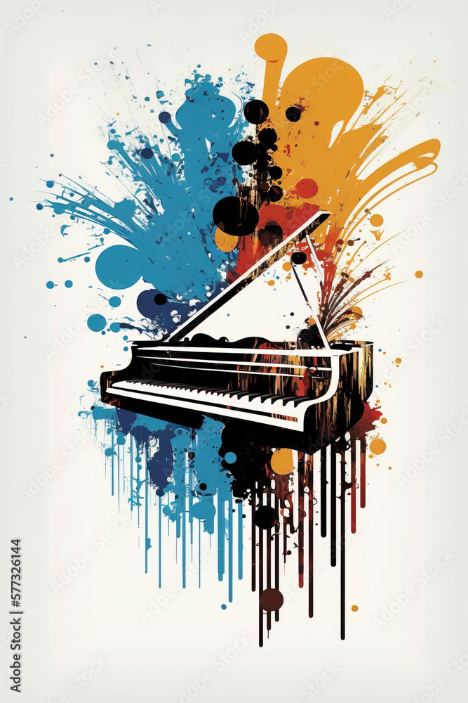 Classical piano musical instrument and flowing sound with musical notes ...