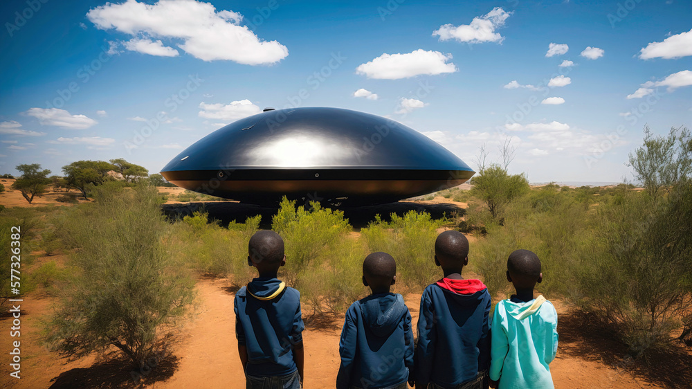 view of a group of children watching mettalic ufo between trees at day as reconstruction of ...