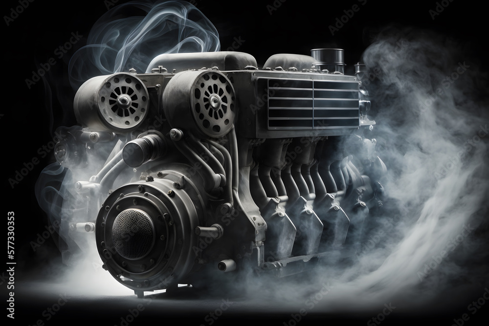Modern car engine on deep solid black background. Neural network AI ...