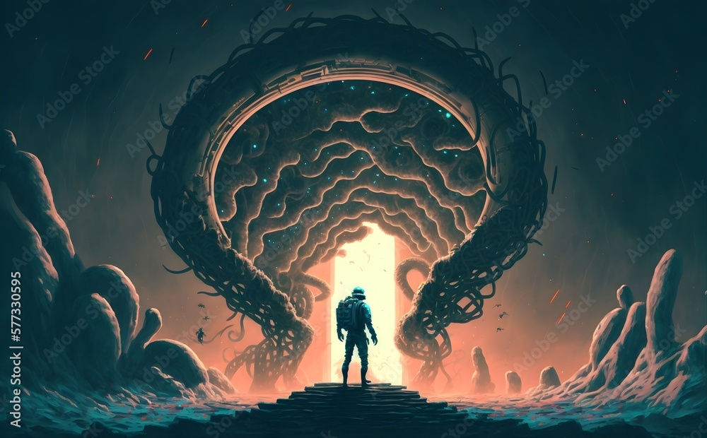 astronaut looking at the alien tentacles coming out of the portal ...