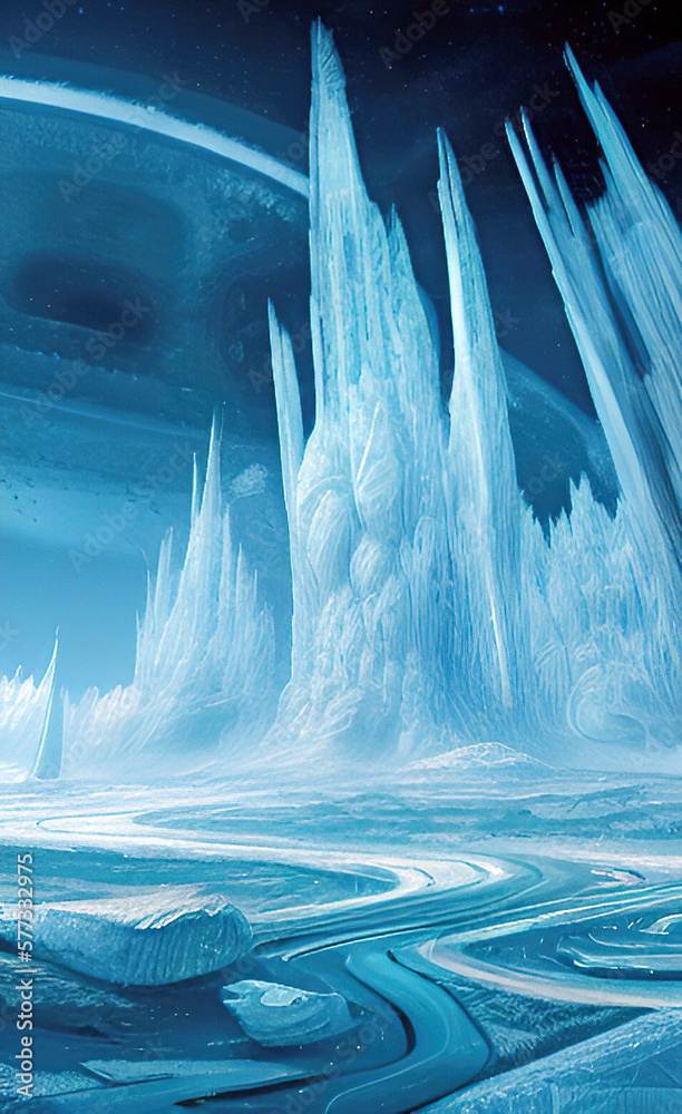Futuristic frozen planet in outer space with tall sharp ice mountains ...