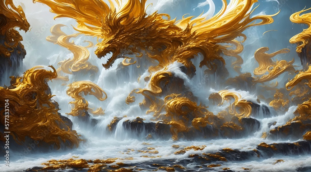 Abstract gold dragon flying in the top of the image with water and ...