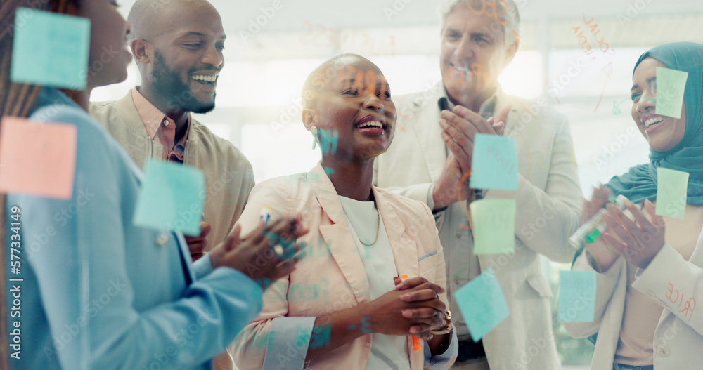 Black woman, leadership success and post it, applause for business ...