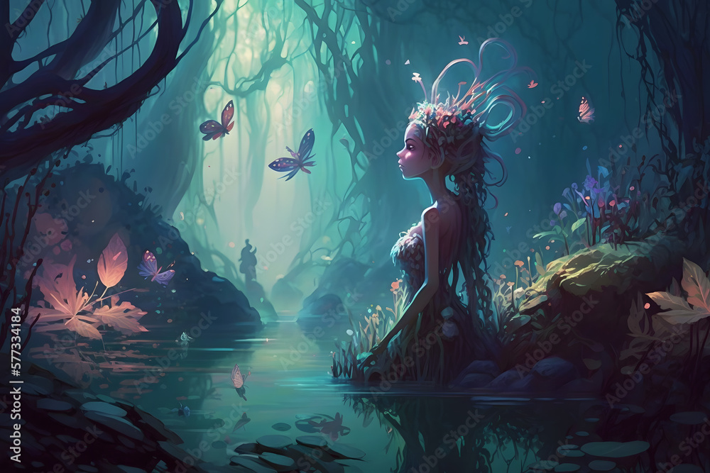 Beautiful young fairytale nymph girl in natural dress in sacred river ...
