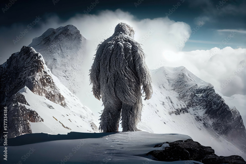 A massive yeti standing on a snowy mountain peak. - Generative AI Stock ...