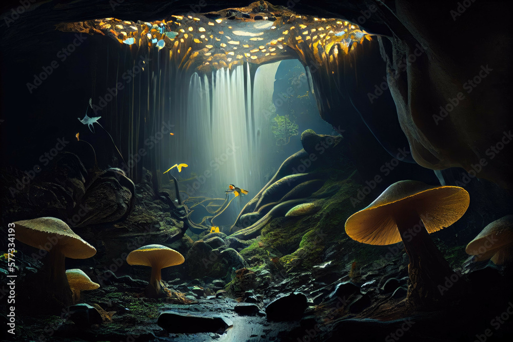 Mysterious cave system with underground waterfalls - Generative AI ...