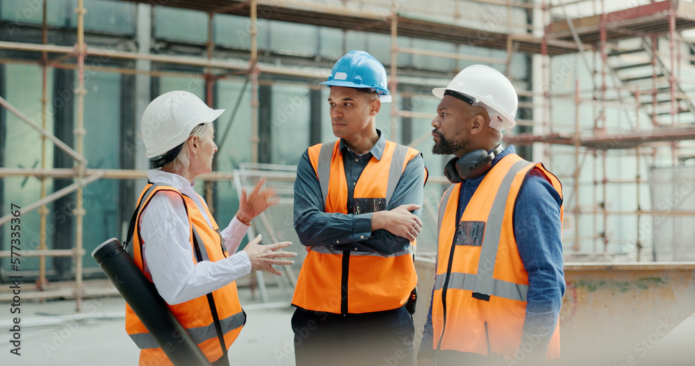 Construction workers, building engineers or tablet in teamwork planning ...