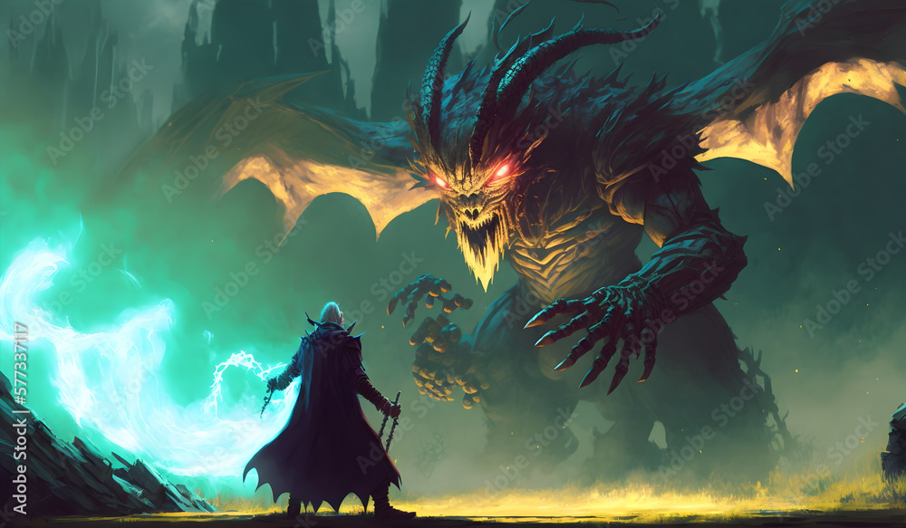 The wizard casts a spell to summon a giant monster, digital art style ...