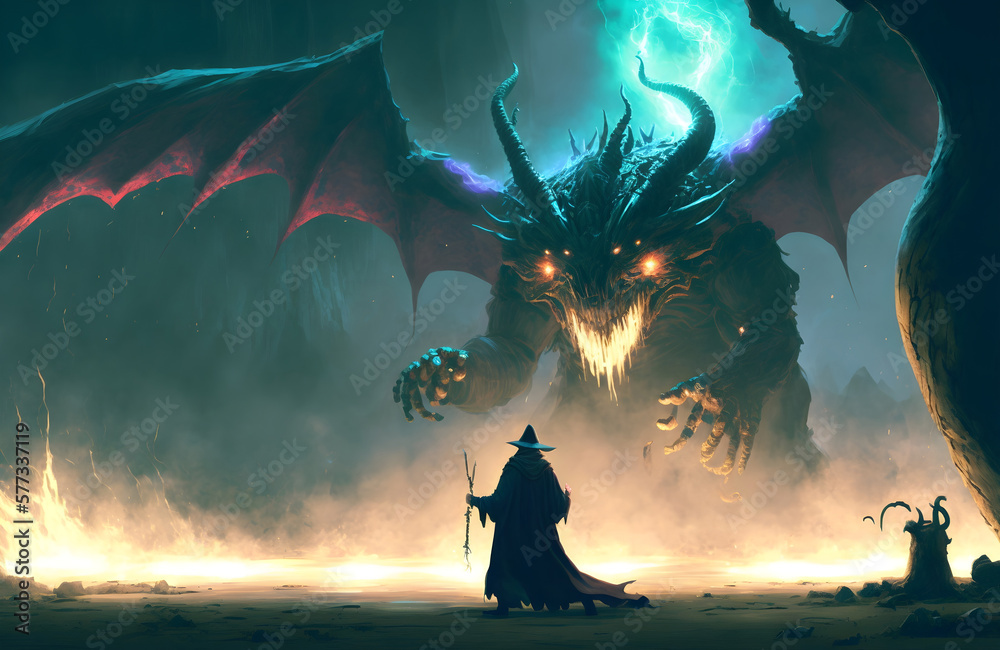 The wizard casts a spell to summon a giant monster, digital art style ...