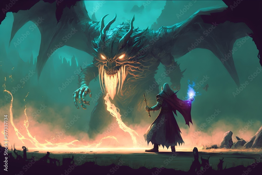 The wizard casts a spell to summon a giant monster, digital art style ...