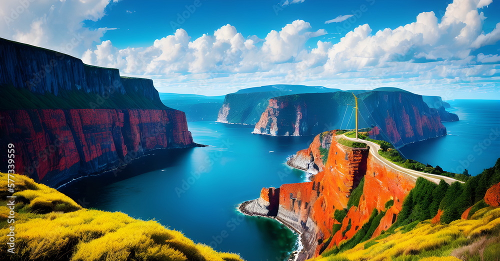 ภาพประกอบสต็อก Cliff looking mountains view with sky oceans digital art ...