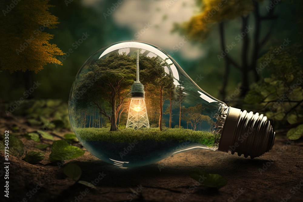 Conceptual image of a light bulb with eolic energy, wind turbines, wind ...