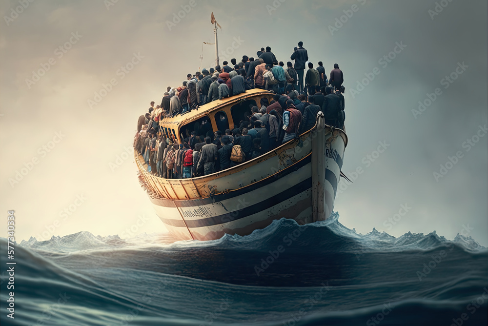 Migrants and refugees in a boat on the Ocean. Global migration concept ...