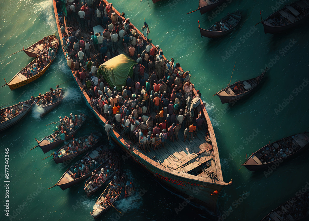 Migrants and refugees in boats on the Ocean. Global migration concept ...
