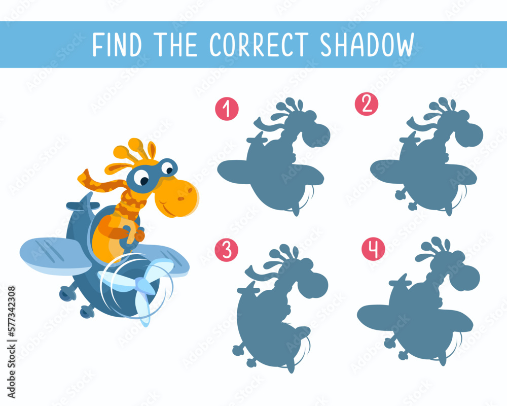 Find correct shadow. Puzzle for kids. Cute giraffe with smile on plane ...