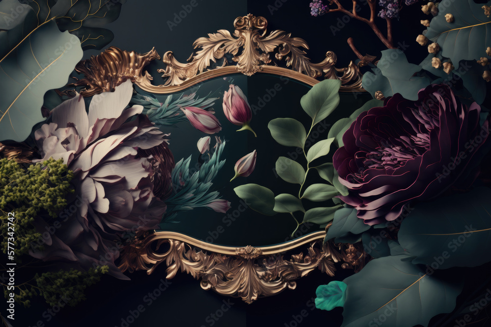 wallpaper decorated rococo blooms flowers orante gold frame dreamy ...