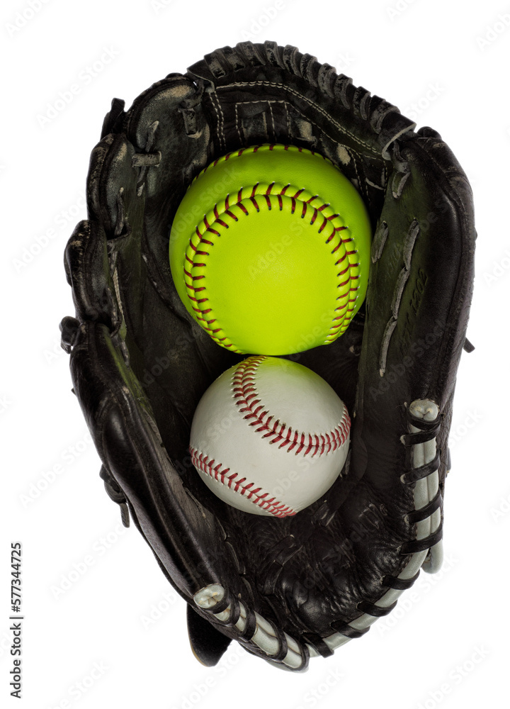 Softball and baseball in a glove on transparent background. PNG file ...