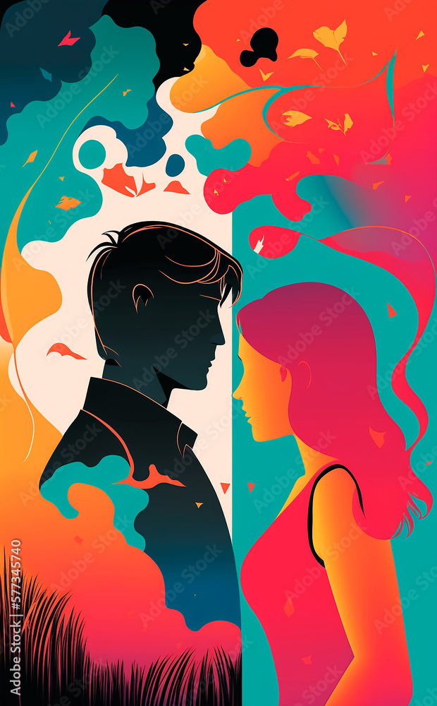 Silhouette couple face each other across a divide surrounded by bright ...
